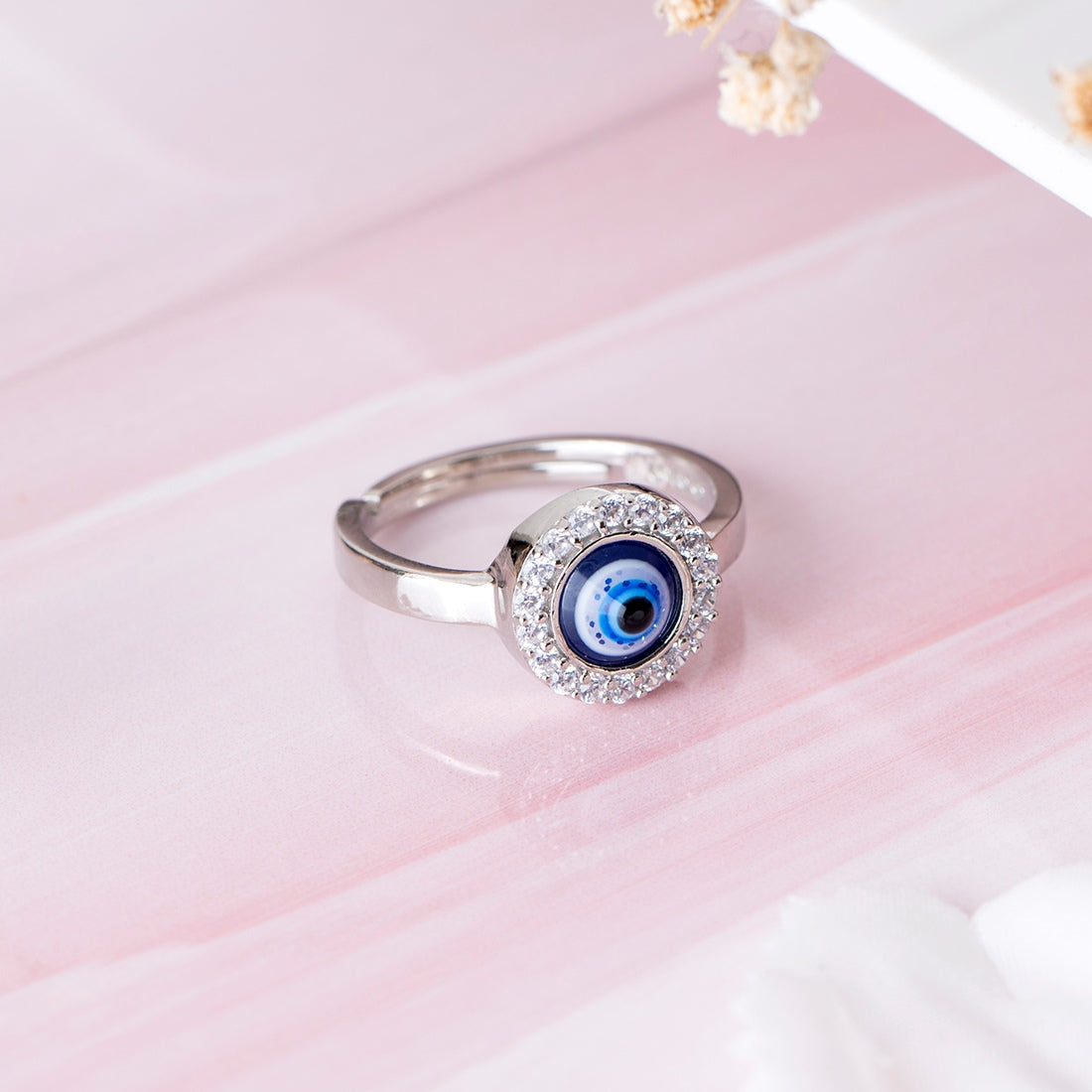 Mystic Ward Evil Eye CZ Rhodium Plated 925 Sterling Silver Ring (Adjus – Zavya