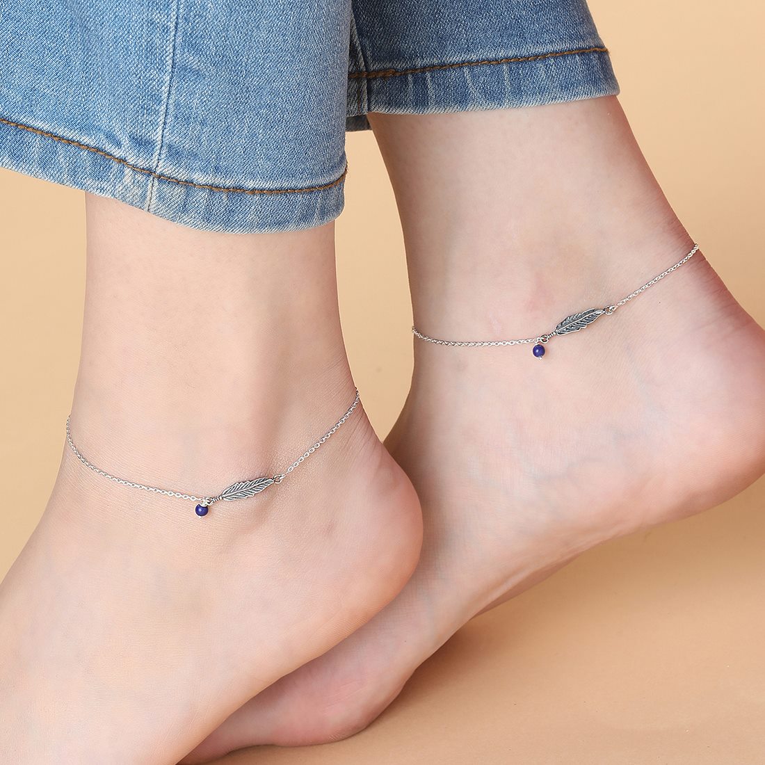 Buy Leafy Delight-Bead Rhodium Plated Silver Anklet – Zavya