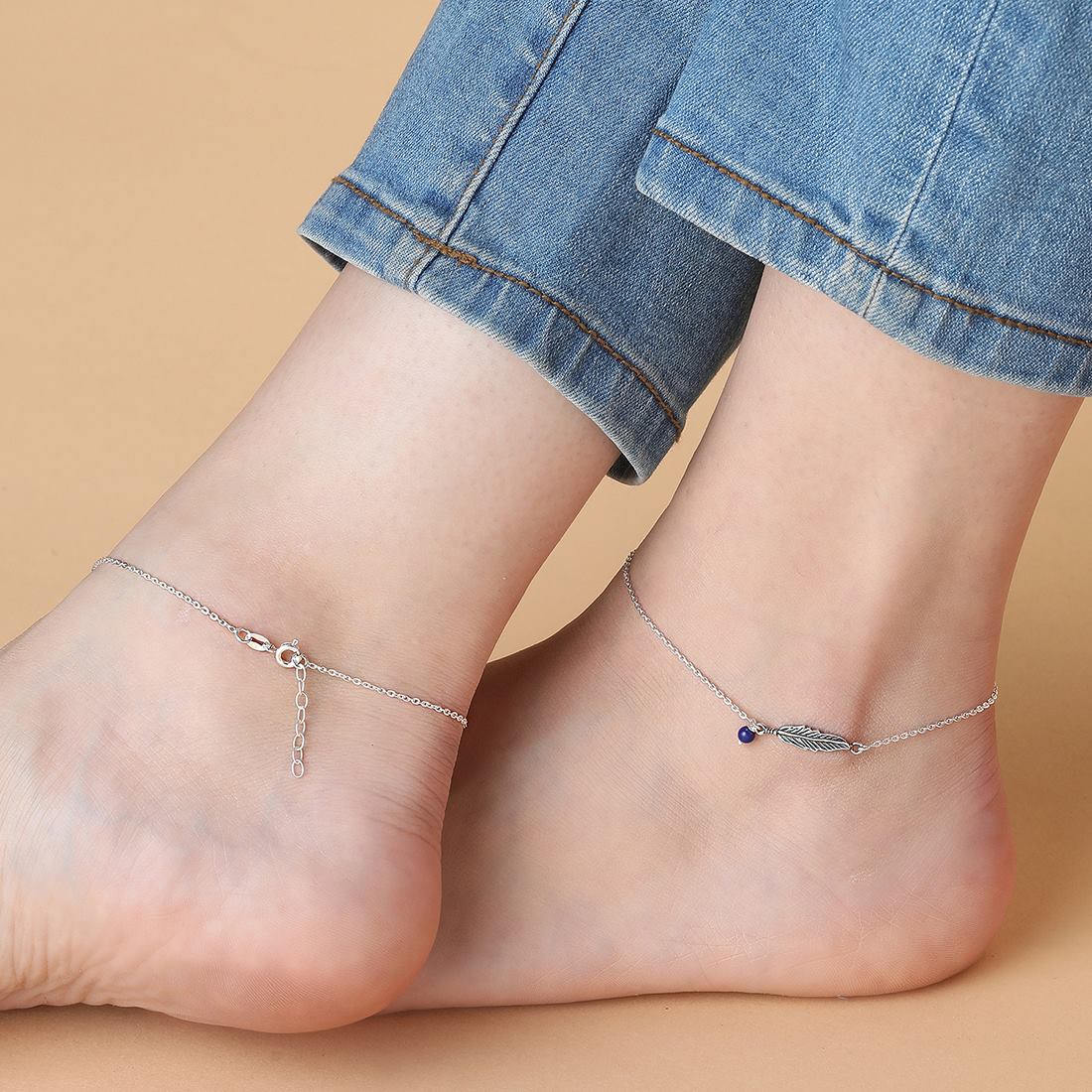 Buy Leafy Delight-Bead Rhodium Plated Silver Anklet – Zavya