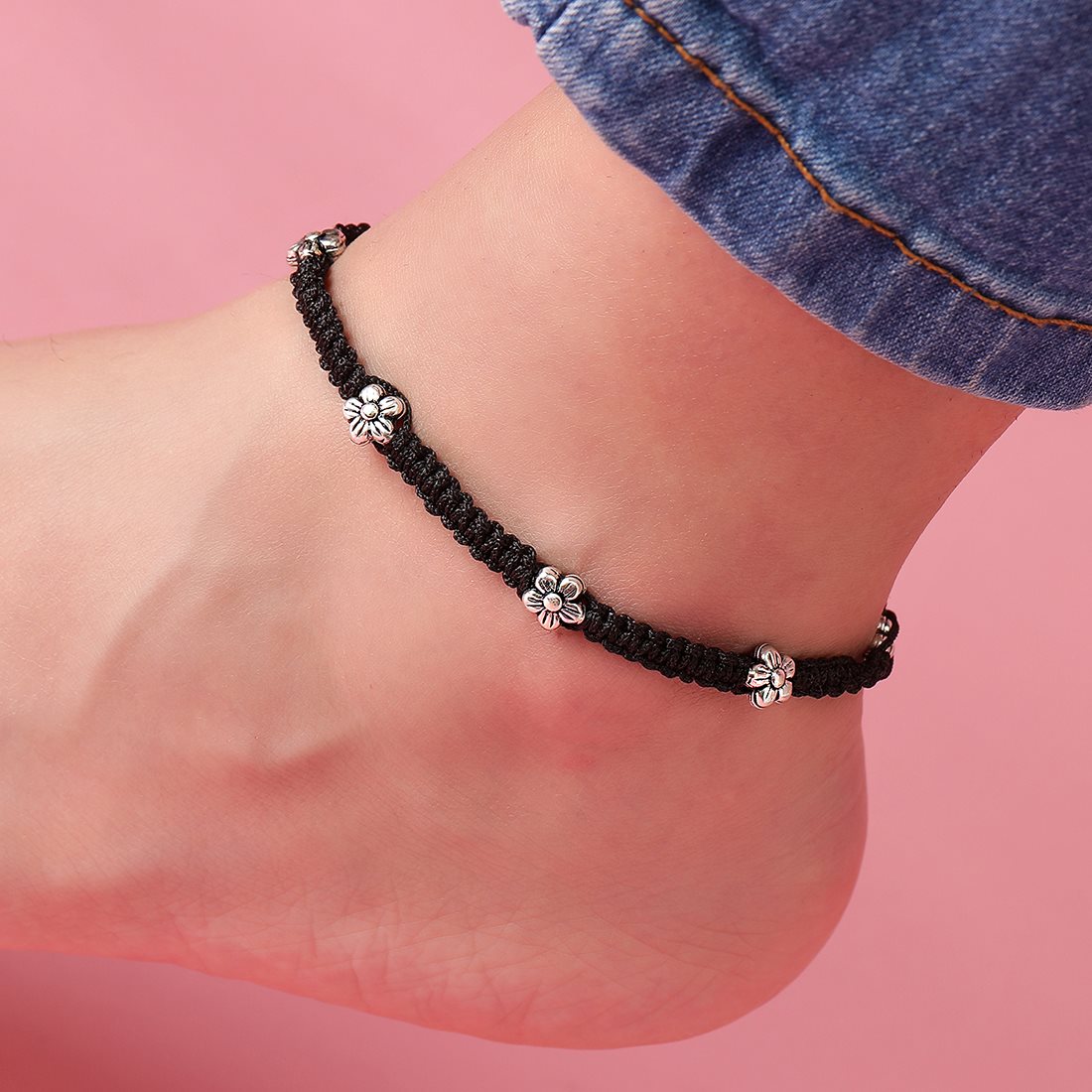 Midnight Bloom 925 Sterling Silver Flower Anklet – Zavya