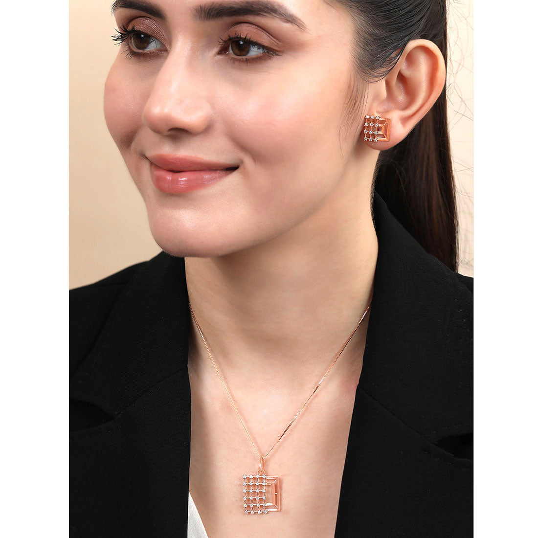 Square Chic Rose Gold Plated 925 Sterling Silver Jewelry Set – Zavya