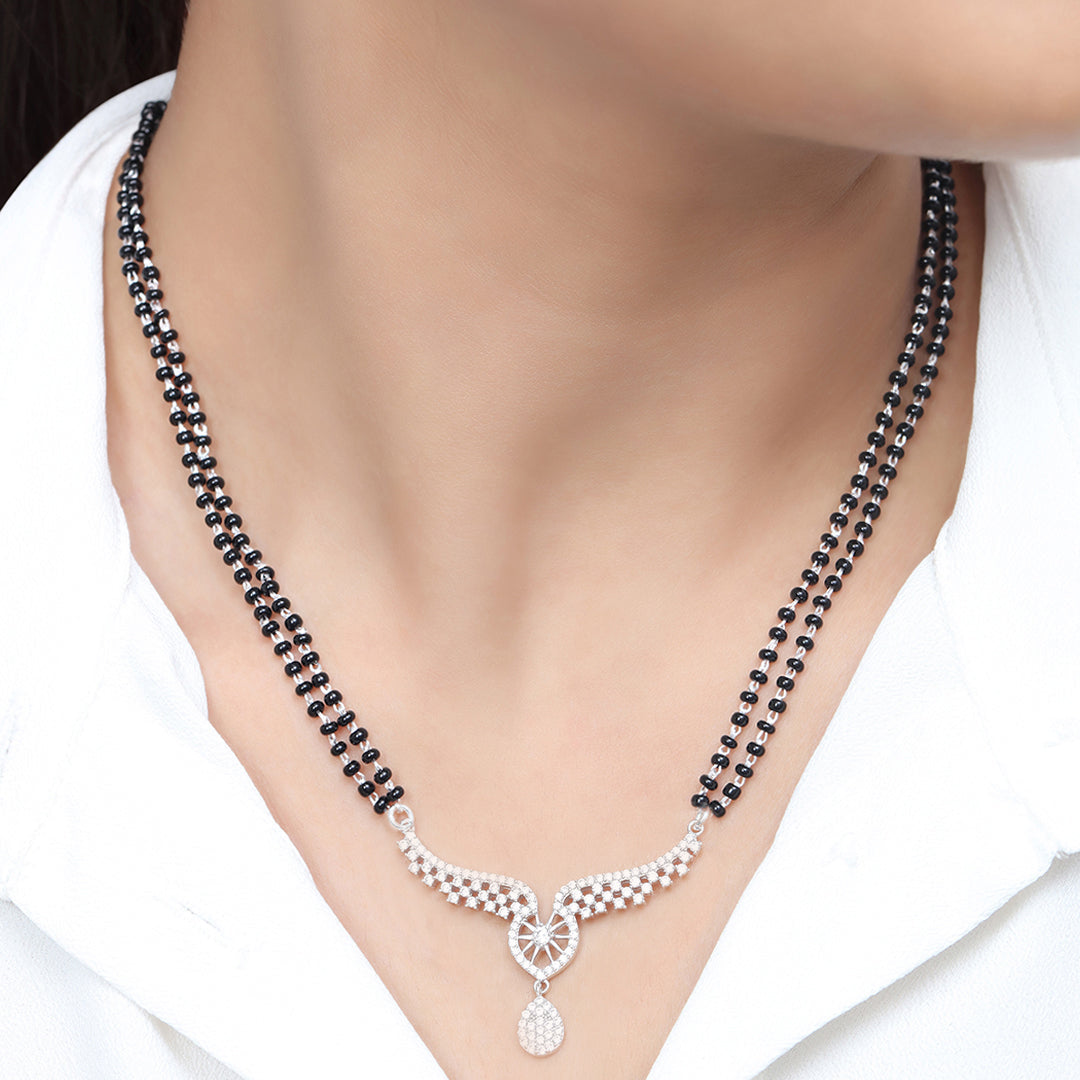 Double Layered Wings Rhodium Plated 925 Sterling Silver Mangalsutra – Zavya