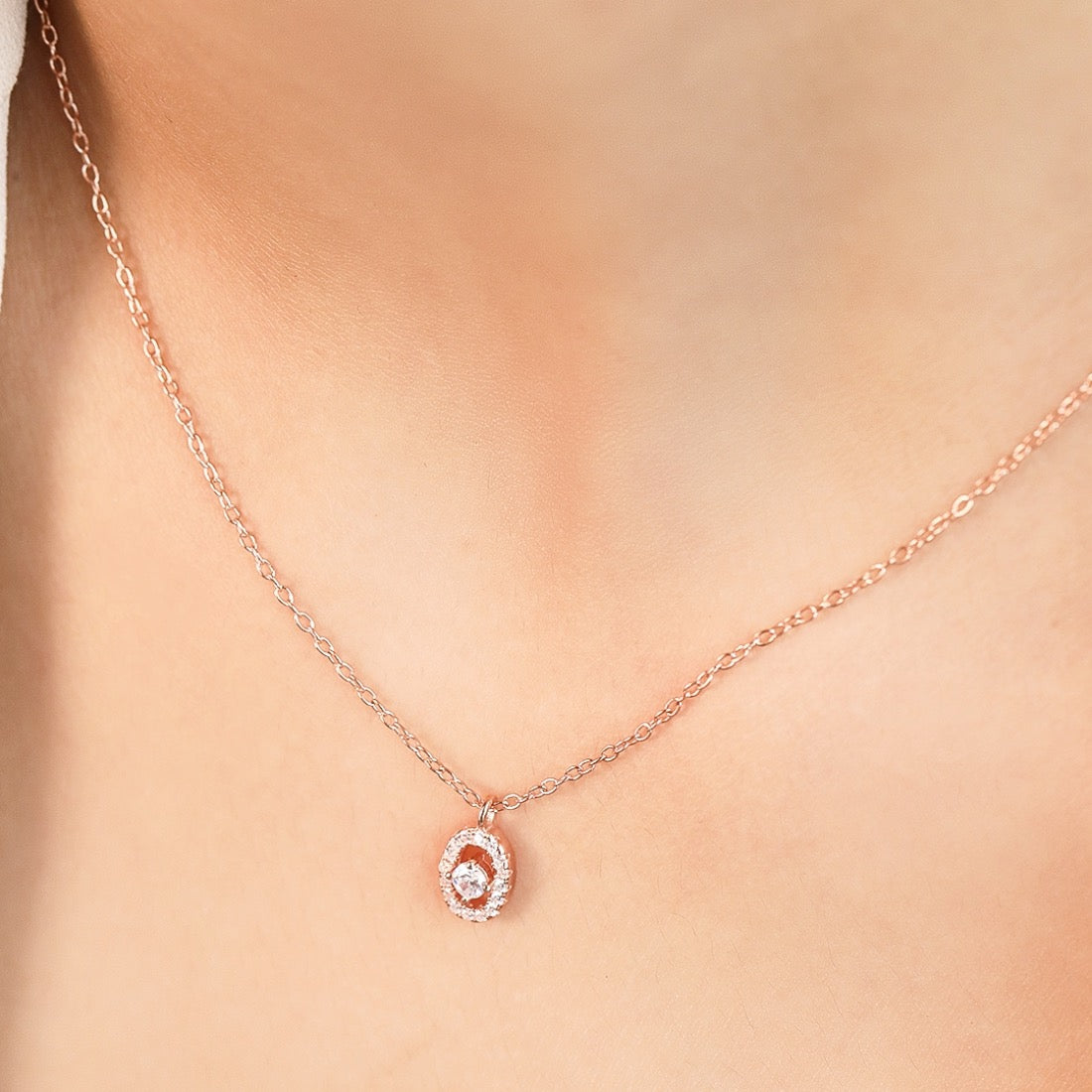 Radiant Elegance Rose Gold-Plated CZ Sterling Silver Oval Necklace wit ...