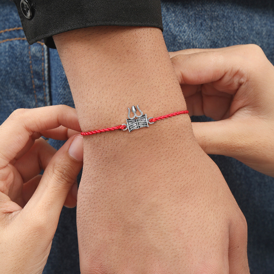 Divine Lord Shiva Trishul Rakhi With White Stones Rhodium-Plated Sterl ...