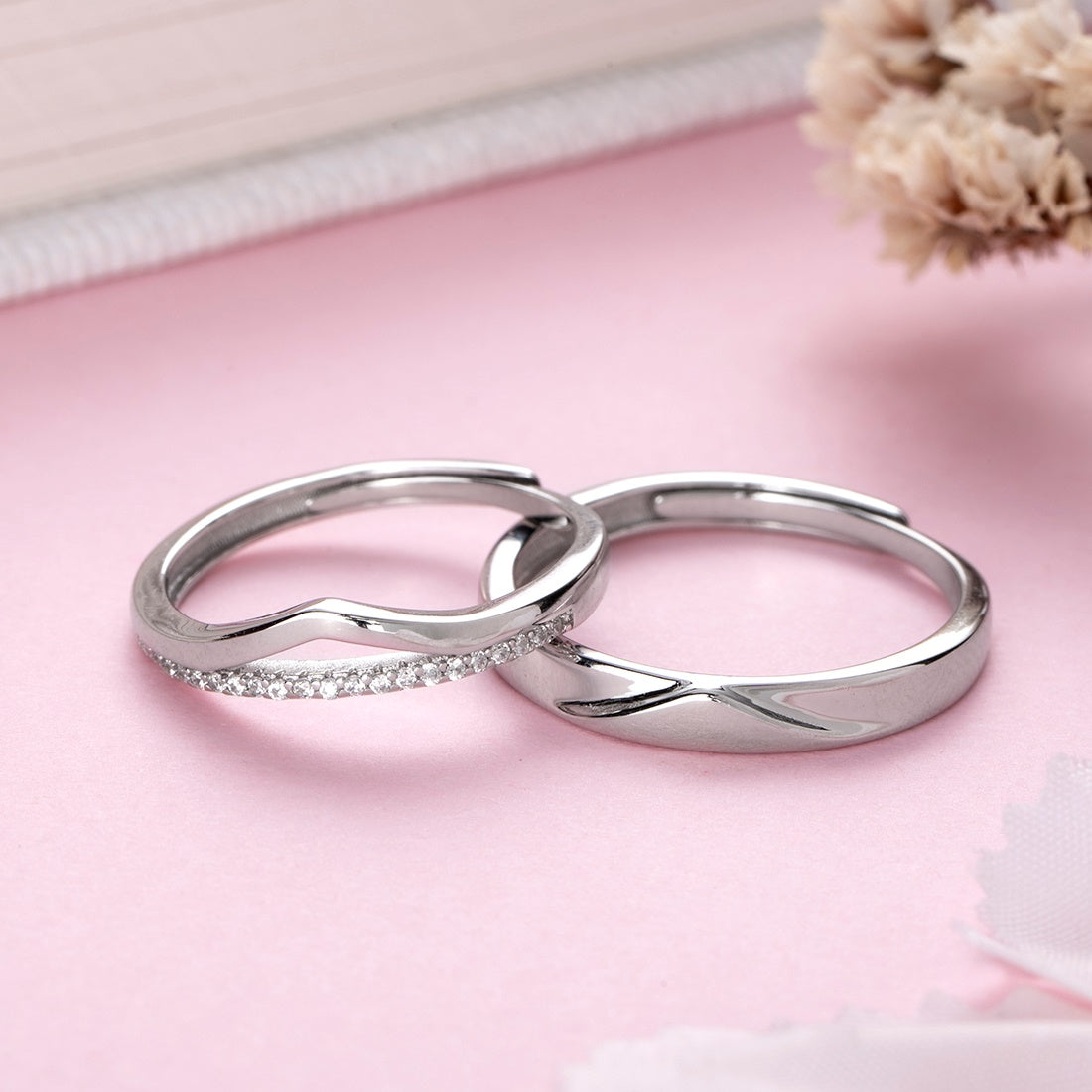 Cubic Zirconia Studded 925 Sterling Silver Lover's Couple Rings (Adjus ...