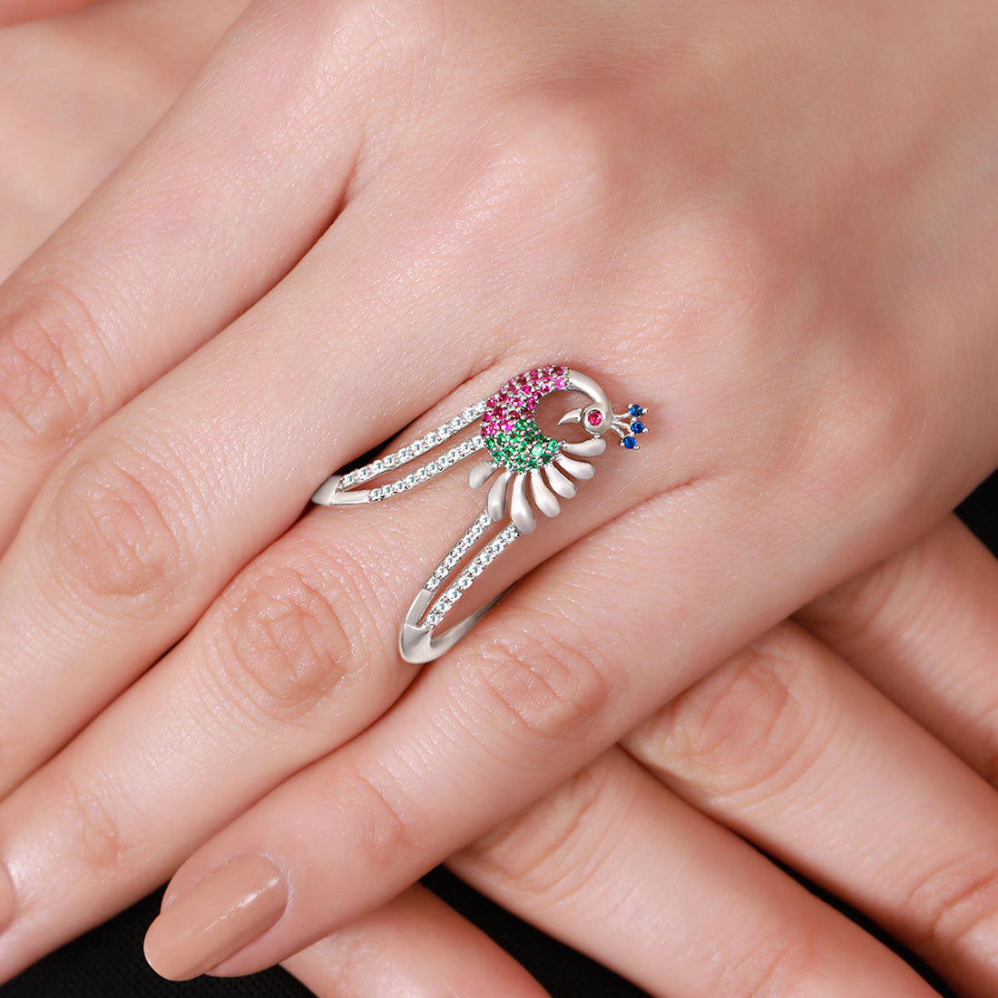 Regal Peacock Multi-CZ Rhodium-Plated 925 Sterling Silver Ring – Zavya
