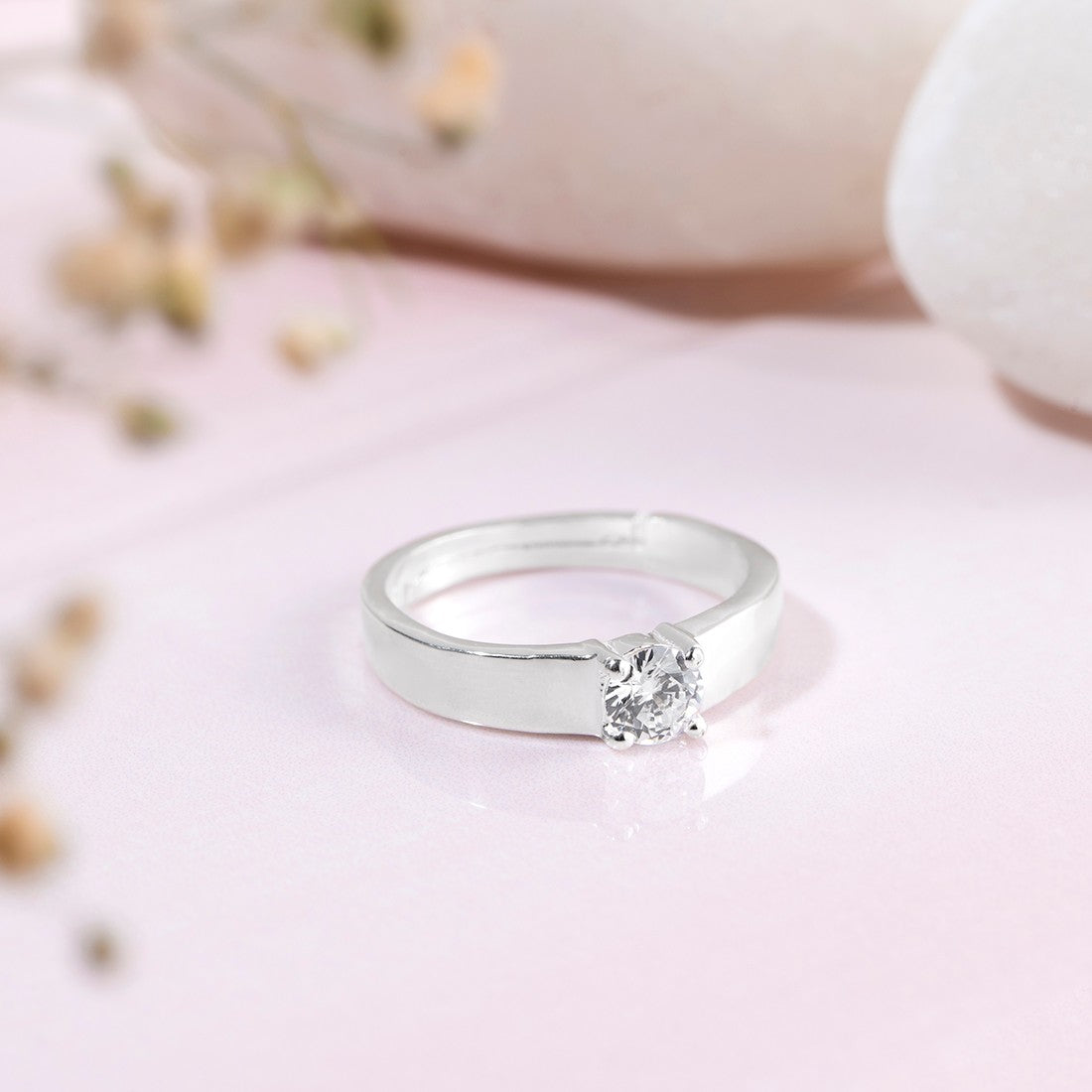 CZ Solitaire Rhodium Plated 925 Sterling Silver Ring for Him (Adjustab ...