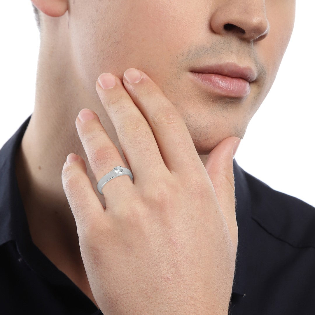 CZ Solitaire Rhodium Plated 925 Sterling Silver Ring for Him (Adjustab ...